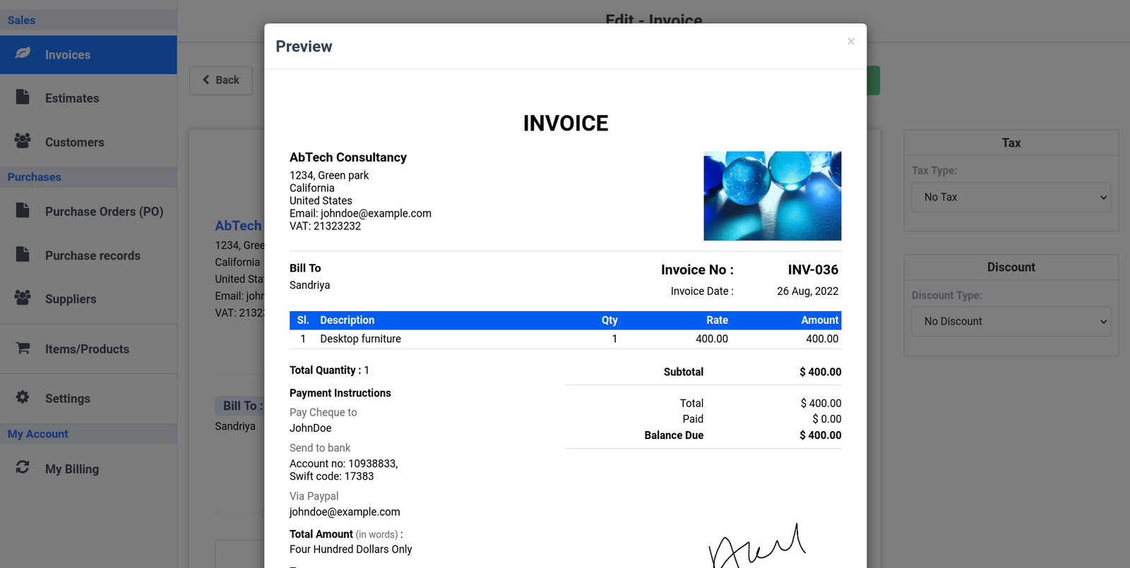 Create your first invoice at Invoice Temple